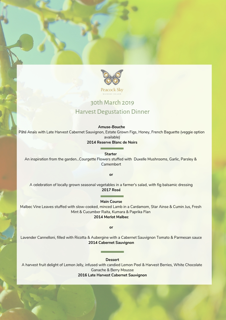 Harvest Dinner Menu March 2019 - Peacock Sky Vineyard