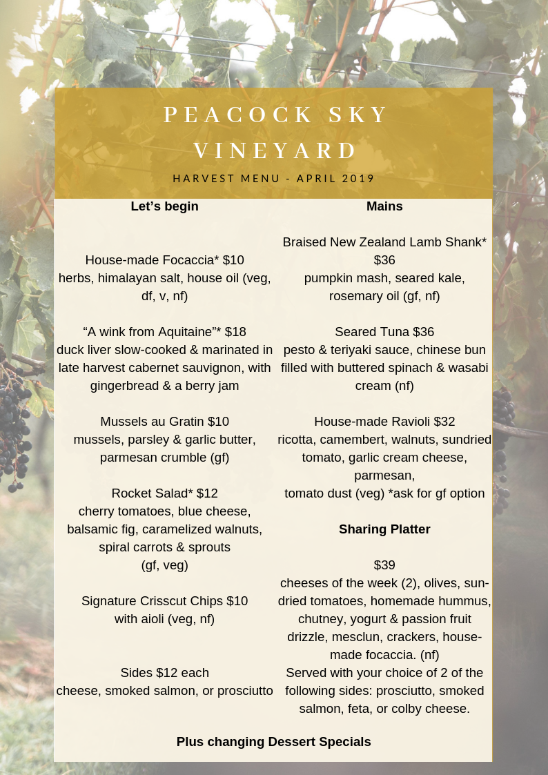 Harvest Menu april 2019 - Peacock Sky Vineyard